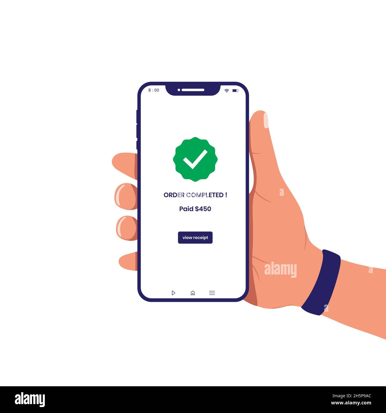 Hand holding smart phone with order completed message on screen Stock ...