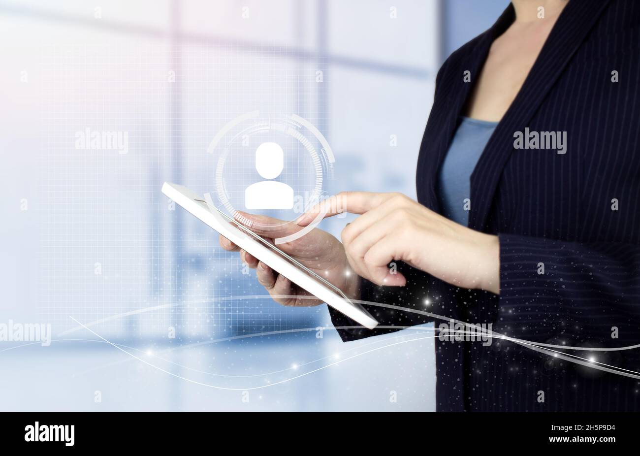 HR Human Resources Recruitment Employment. Hand touch white tablet with ...