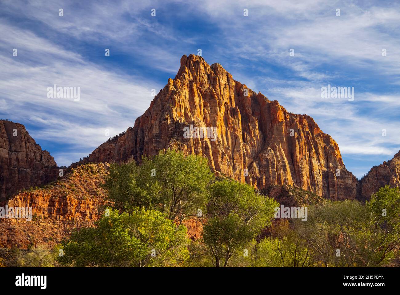 This is a view of The Watchman, a majestic red rock formation at the ...