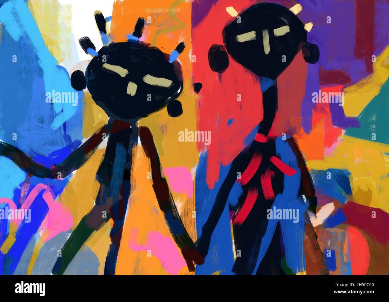 Peculiar two scary black voodoo doll hold hands. African color pattern ...