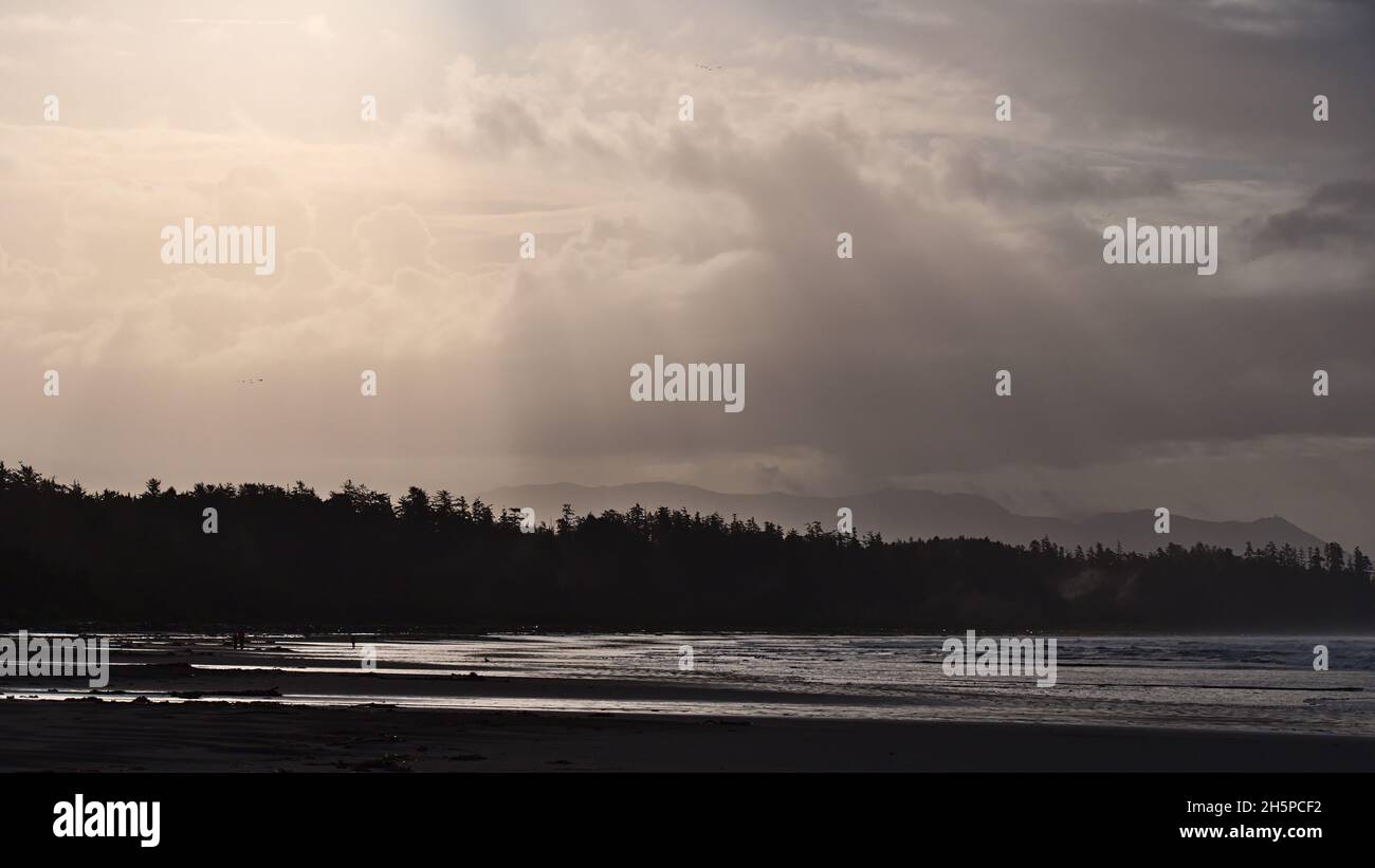 Landscape with Long Beach in the morning with visible sunbeams and ...