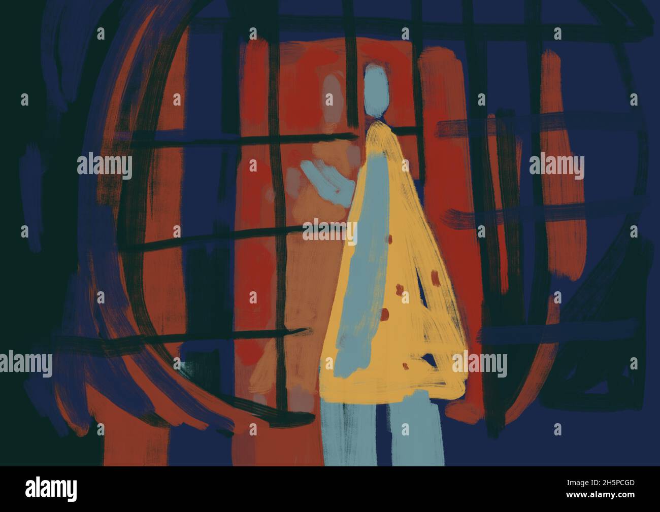 Sad a woman observes the world from her window everything is red and ...