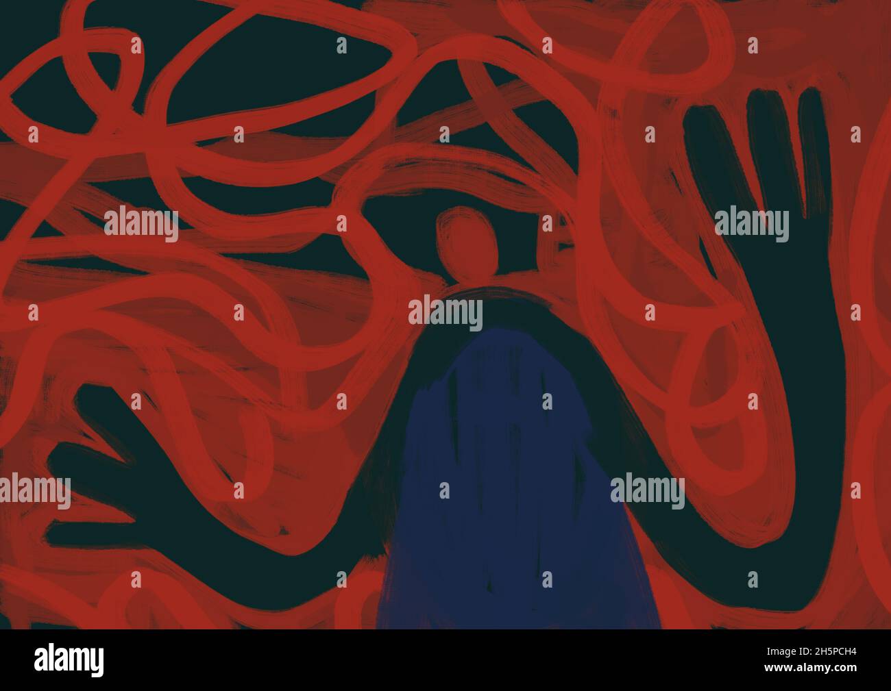 Somber figure with depression around with scribble and trouble red and ...