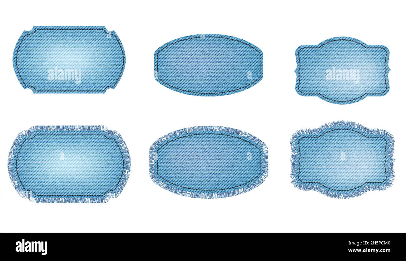 Set of blue denim patches with stitch and fringe. Light blue denim ...
