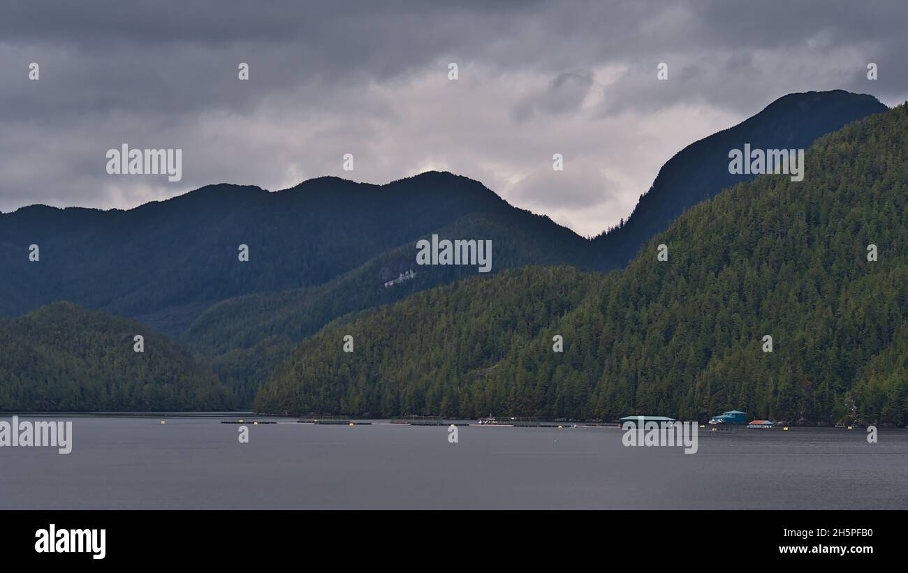 Remote aquaculture facilities on the shore of Princess Royal Island in ...