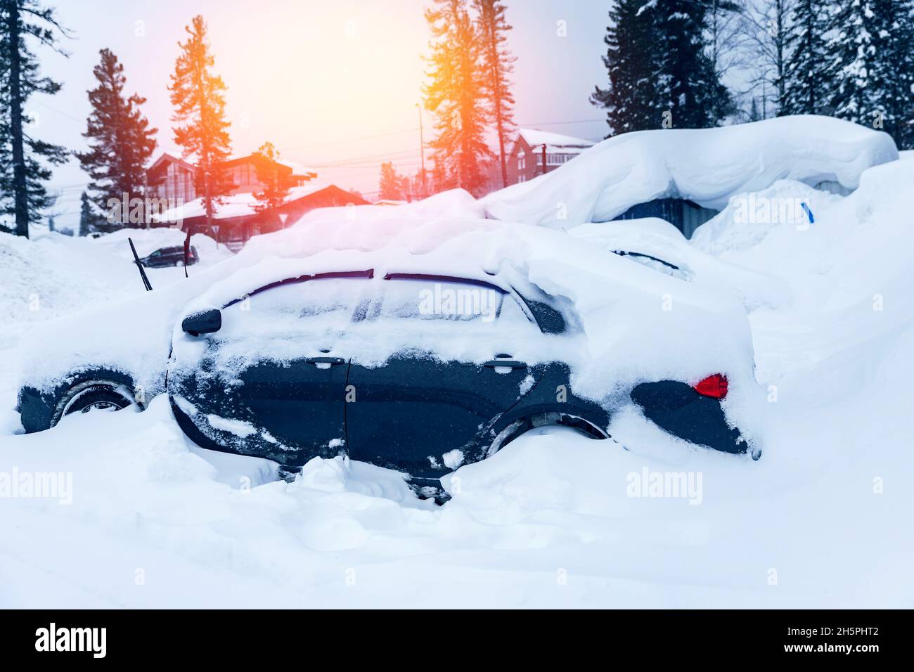 Blocked cars in parking lot after snow storm, winter frost Stock Photo ...