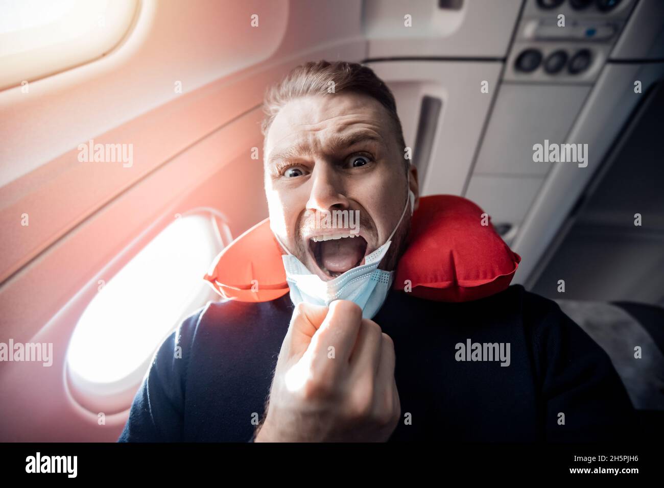 Concept aerophobia or aviophobia. Afraid of fear flying on airplane and ...