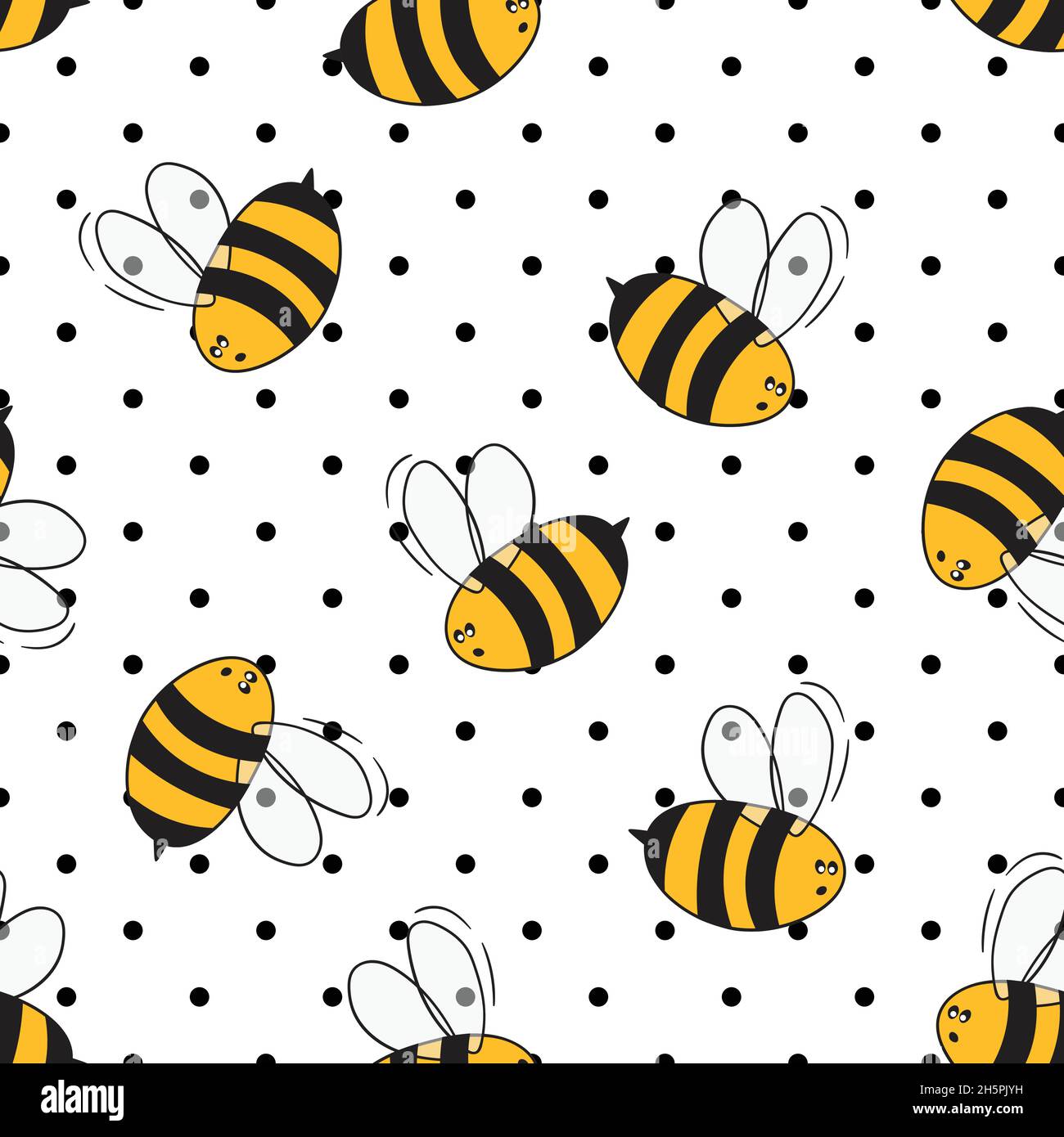 Seamless pattern with bees on white polka dots background. Small wasp ...