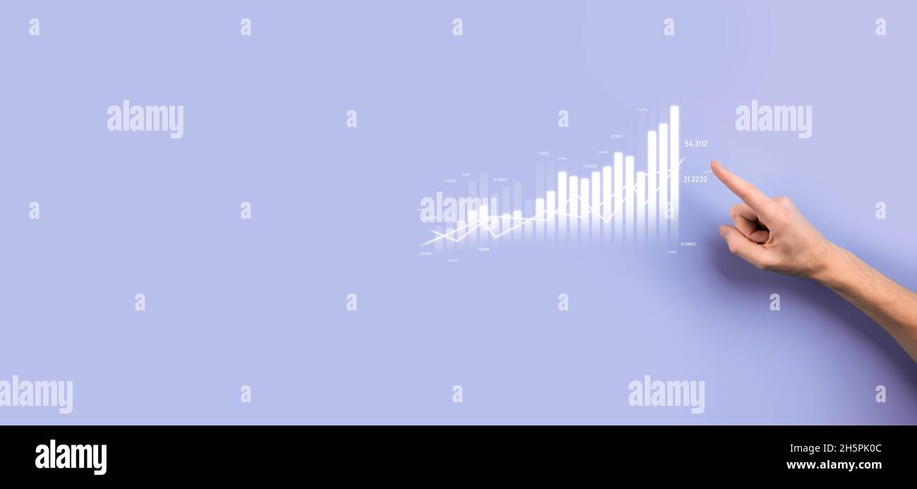 Male hand holding graph icon.checking analyzing sales data growth graph ...