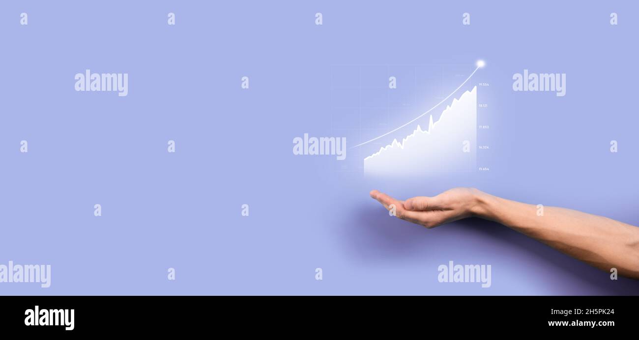 Male hand holding graph icon.checking analyzing sales data growth graph ...