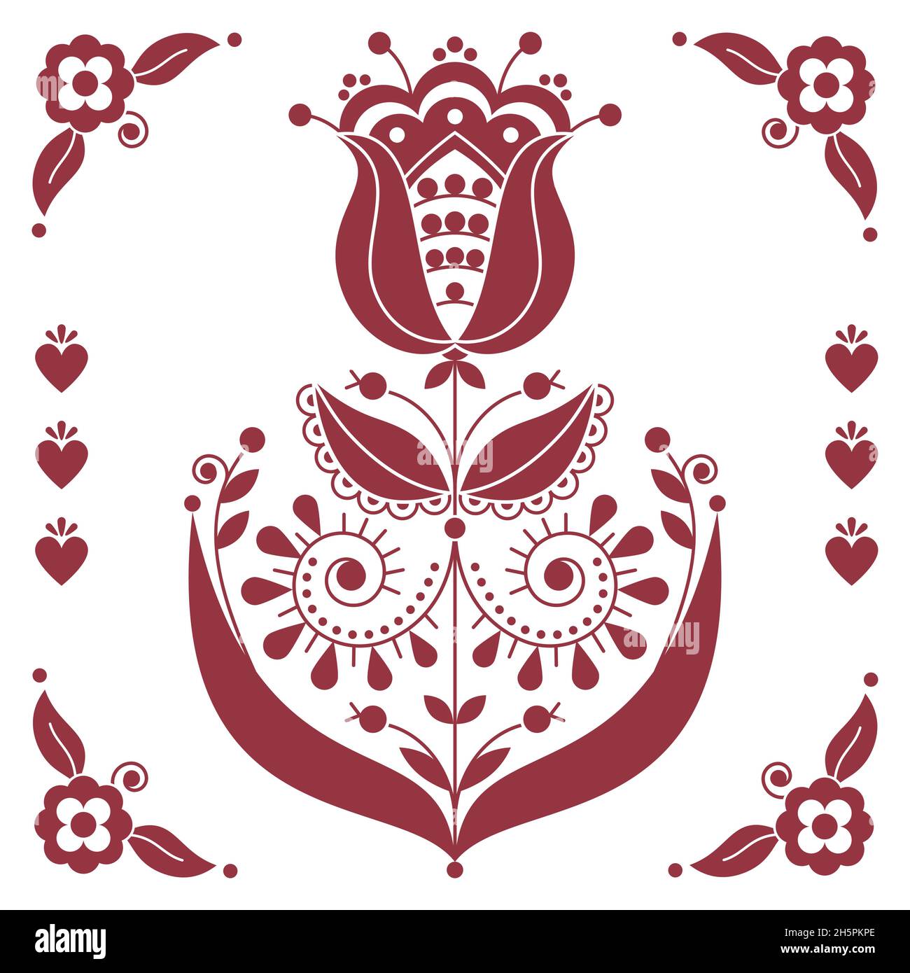Scandinavian folk art flower vector greeting card design with brown ...
