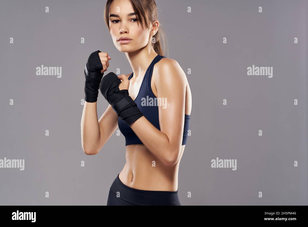 beautiful woman hand bandages punch workout fighter studio lifestyle ...