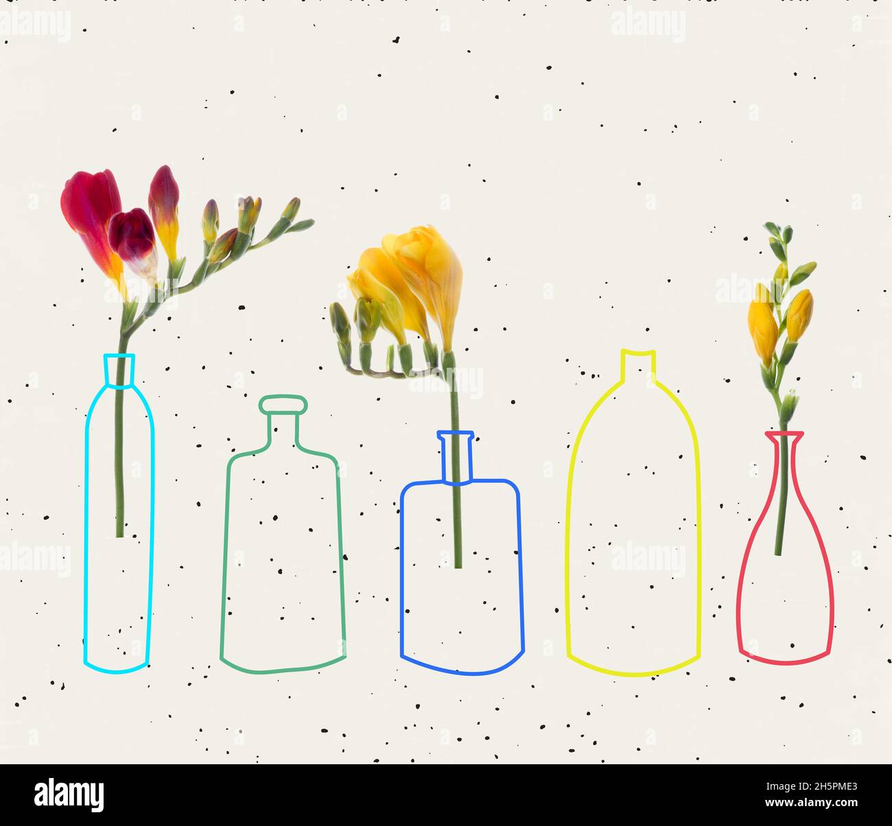 Contemporary art collage of flowers standing in drawn vase isolated ...