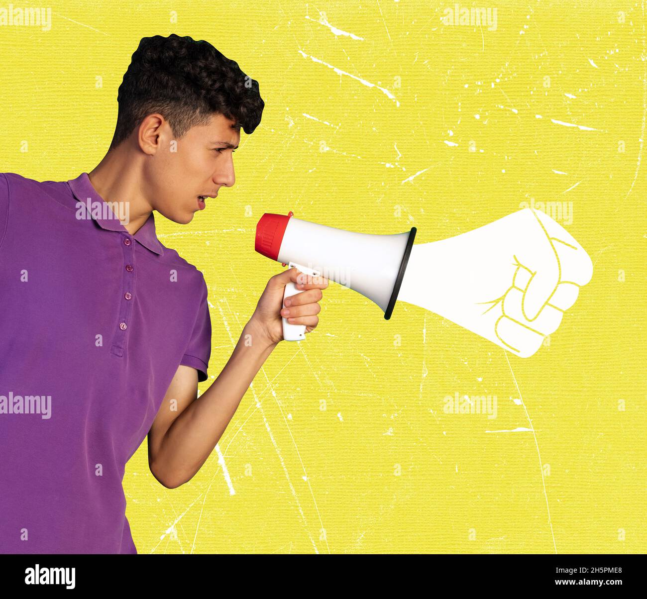 Contemporary art collage of young man shouting in megaphone isolated ...