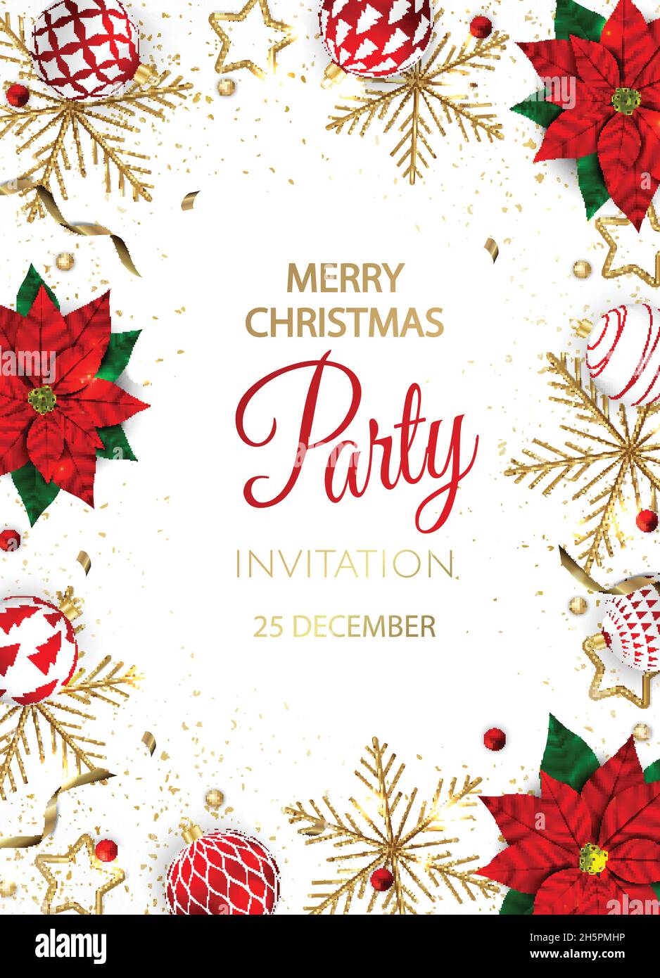 Christmas party invitation with balls and gold snowflakes Stock Vector ...