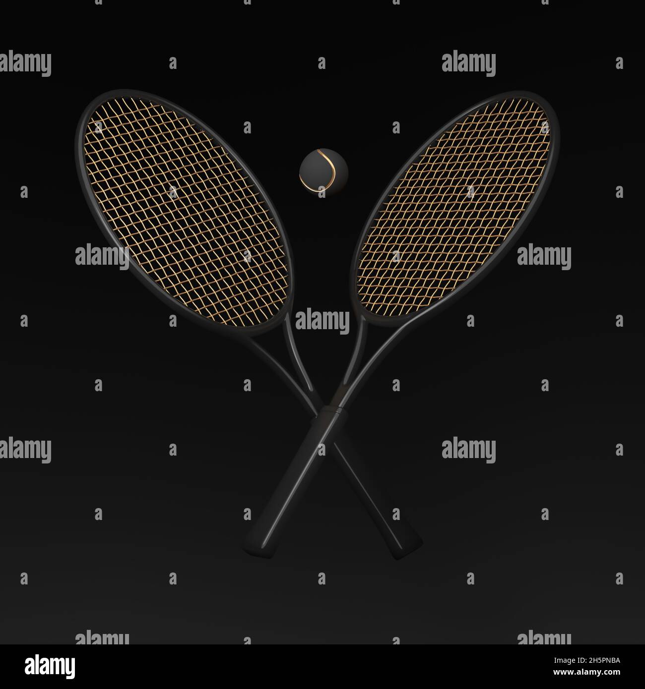 Glossy black and gold tennis rackets and a ball on a black background ...