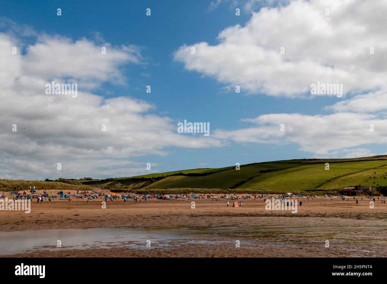 A view, facing towards the land, of Bantham Beach and the hillside ...
