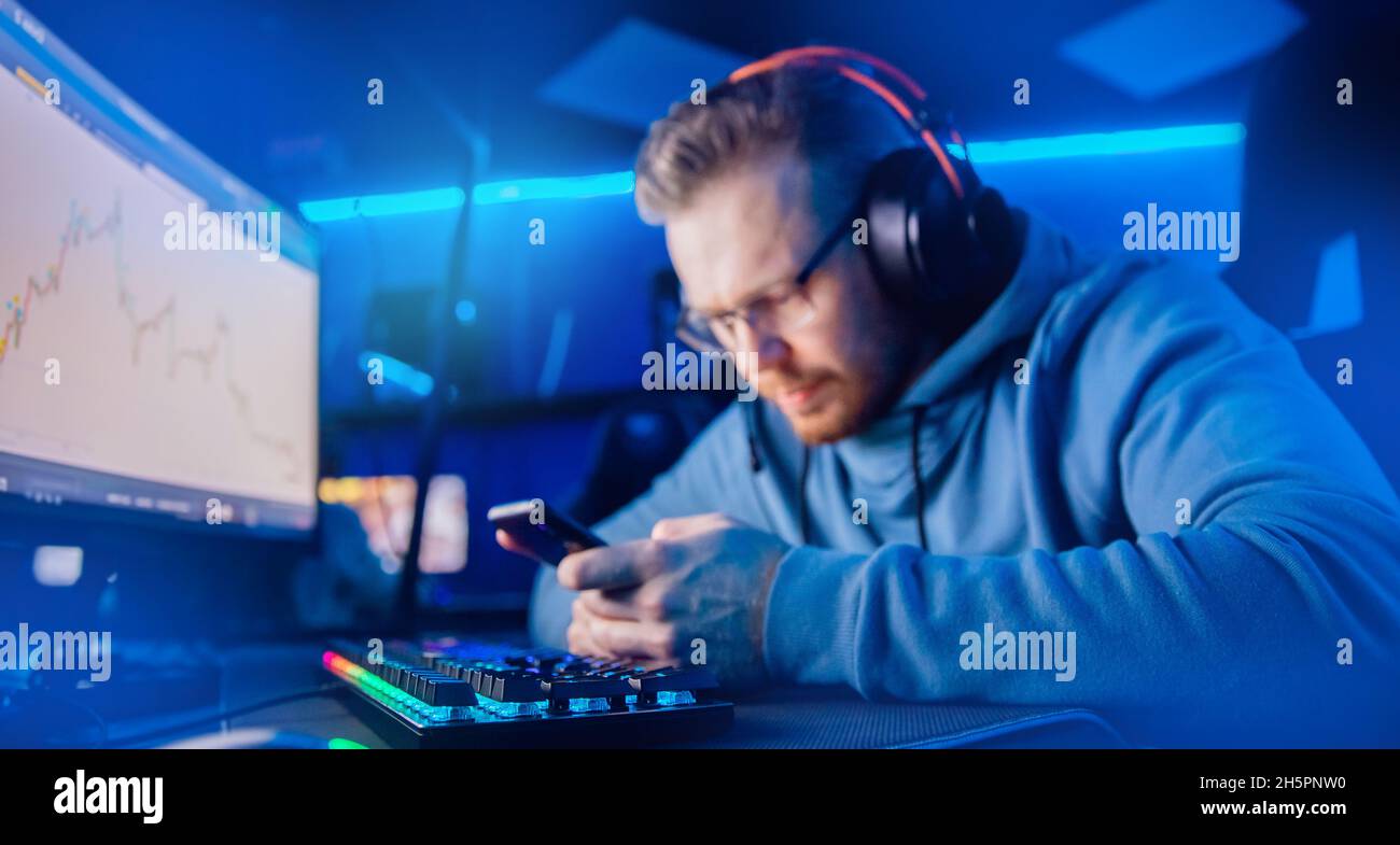 Blured Young male trader stock market broker analysis graphs computer ...