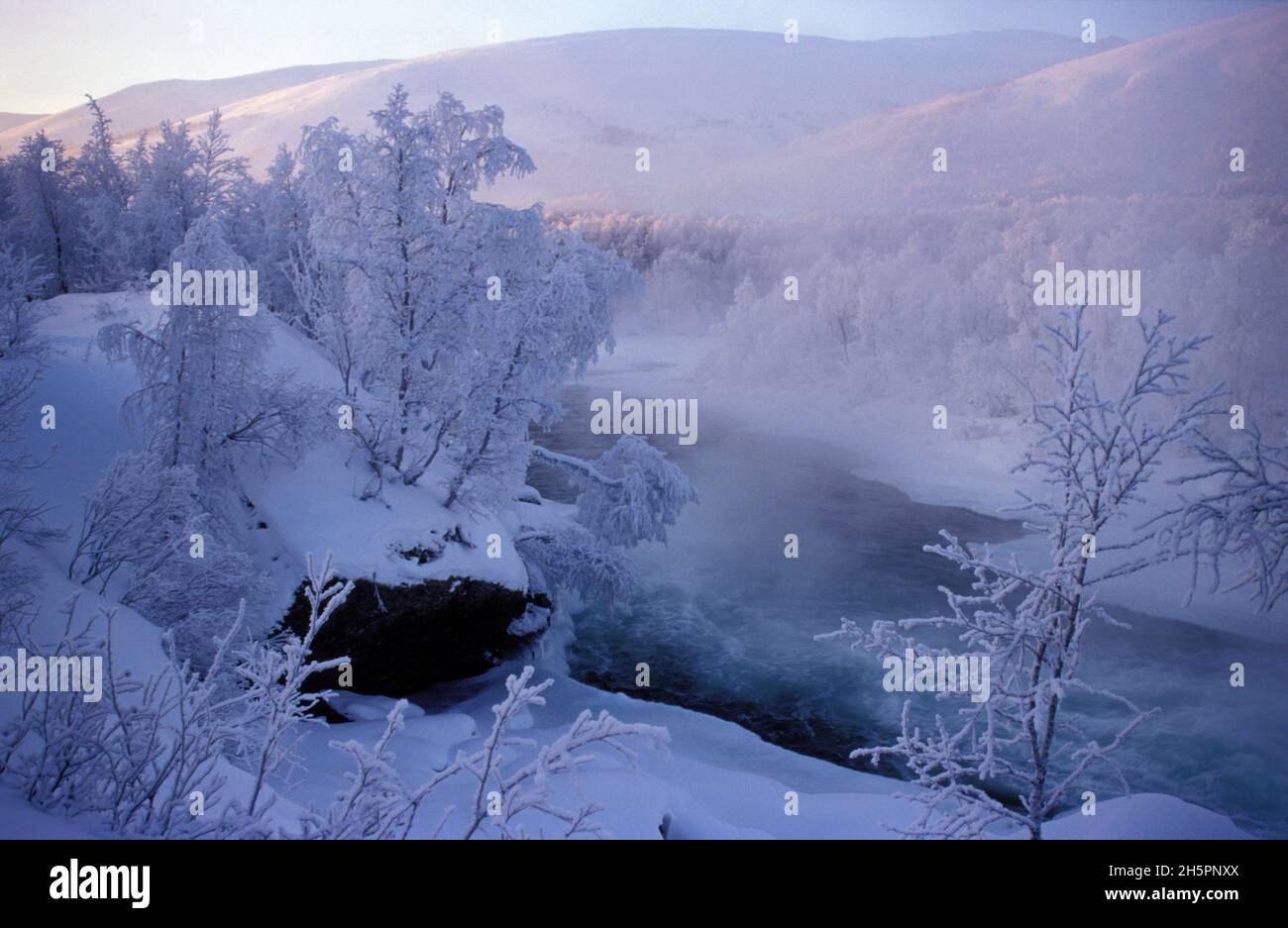 Ume-river, Lapland. Märkesforsen in very cold weather 1994, analog ...