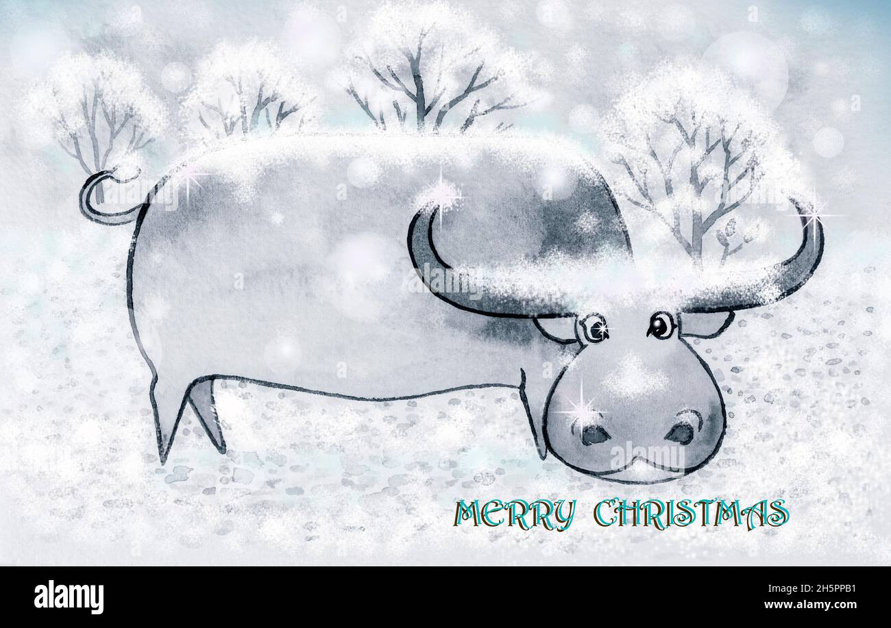 Buffalo Happy holiday, Christmas card design. Watercolor painting ...