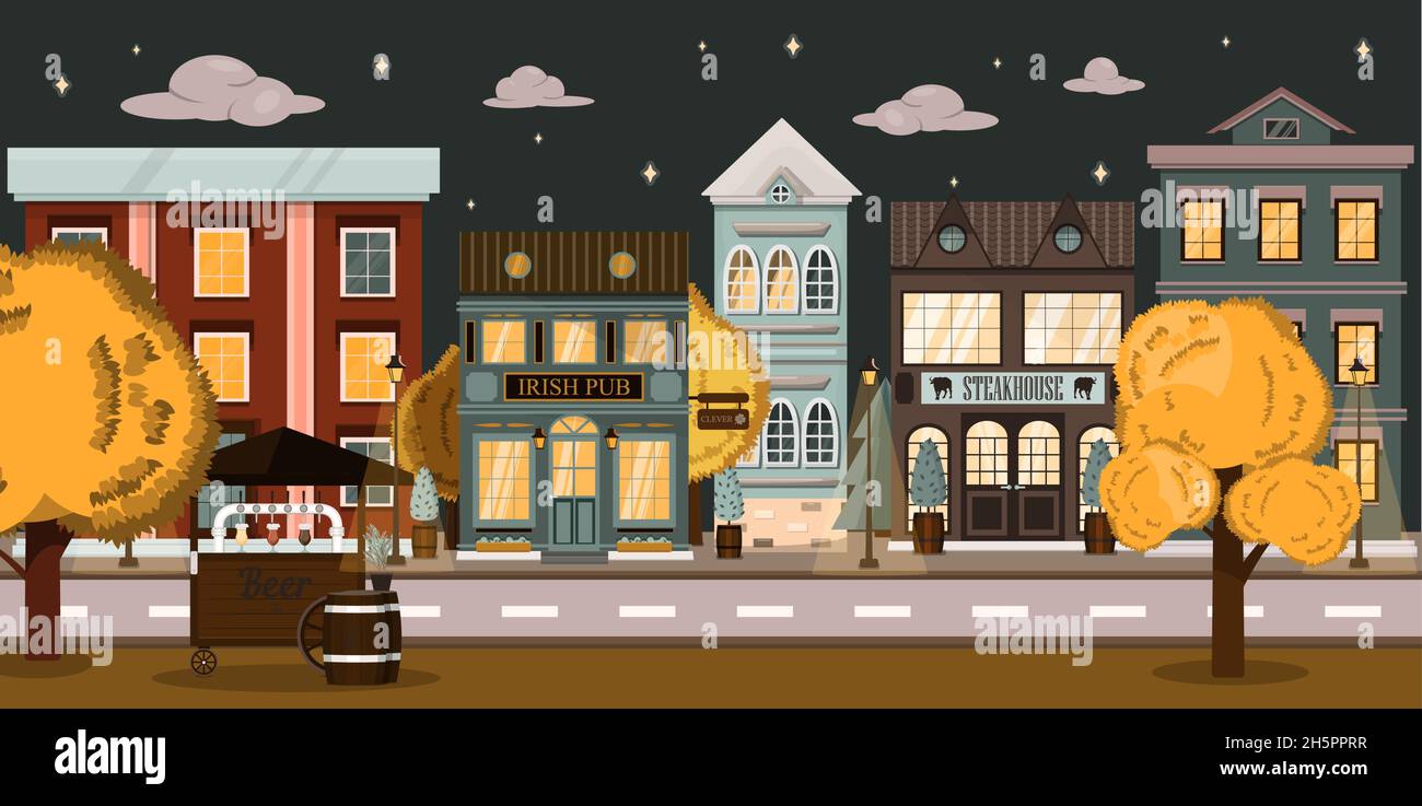 Vector night street with restaurant, bar shop, houses and a food cart ...