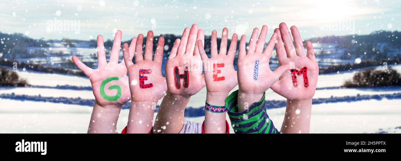 Children Hands Building Word Geheim Means Secret, Snowy Winter ...
