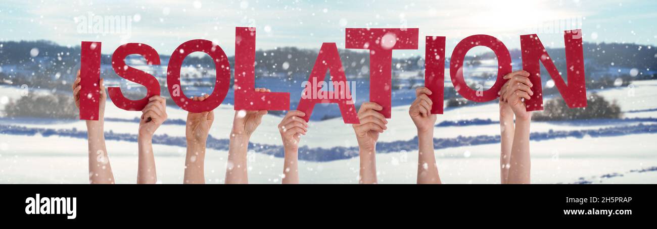 People Hands Holding Word Isolation, Snowy Winter Background Stock ...
