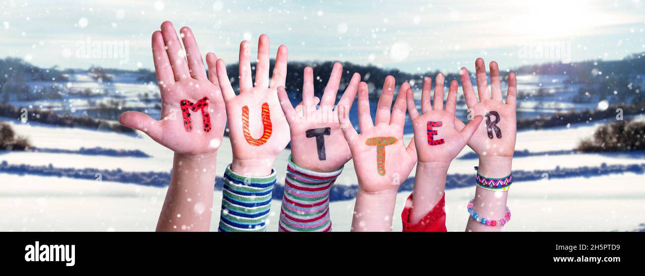 Children Hands Building Word Mutter Means Mother, Snowy Winter ...