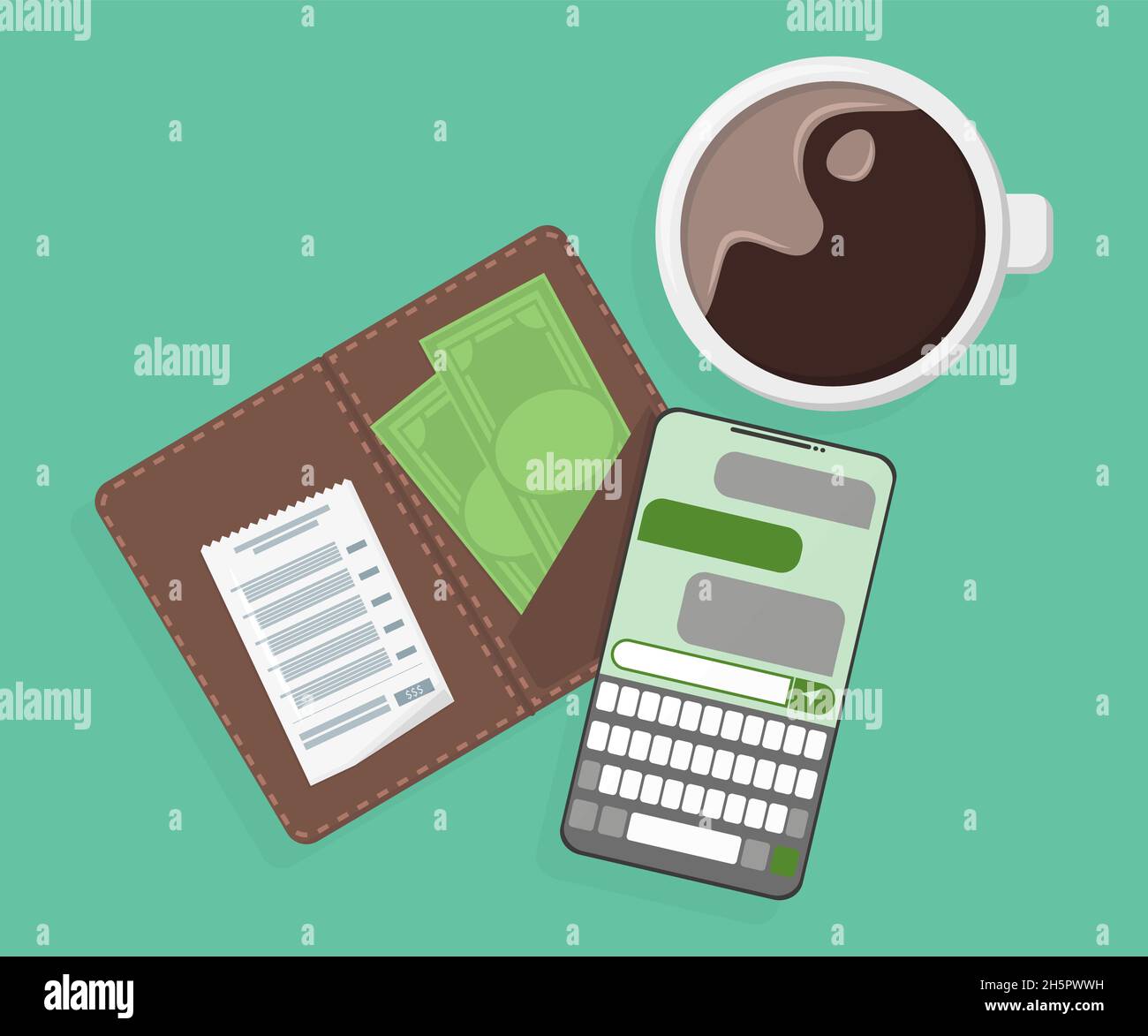 coffee, paid bill and phone on the table, vector Stock Vector Image ...