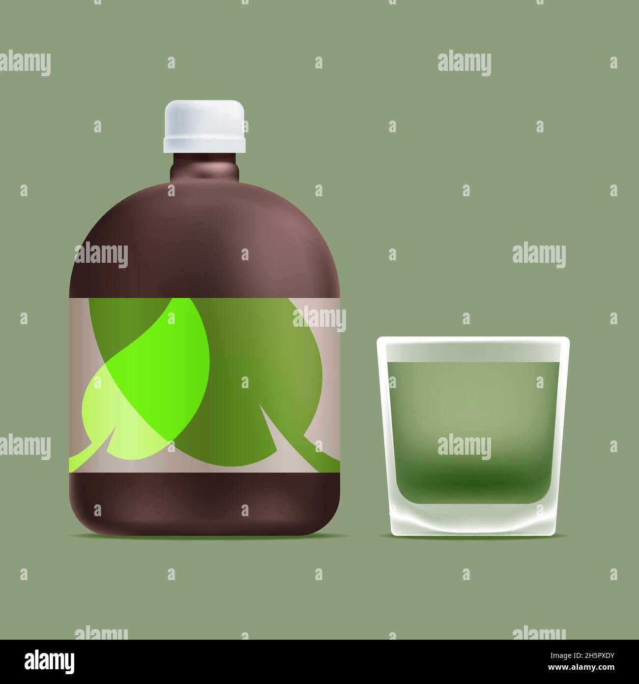 Chlorophyll bottle with transparent glass with green liquid, medical ...