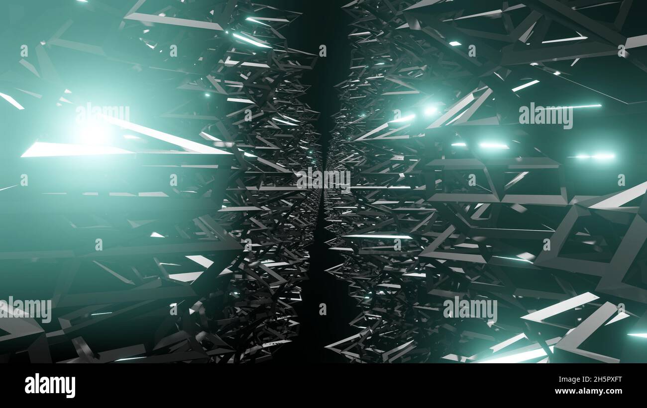 3D rendering of an abstract sci-fi metallic structure with sharp ...