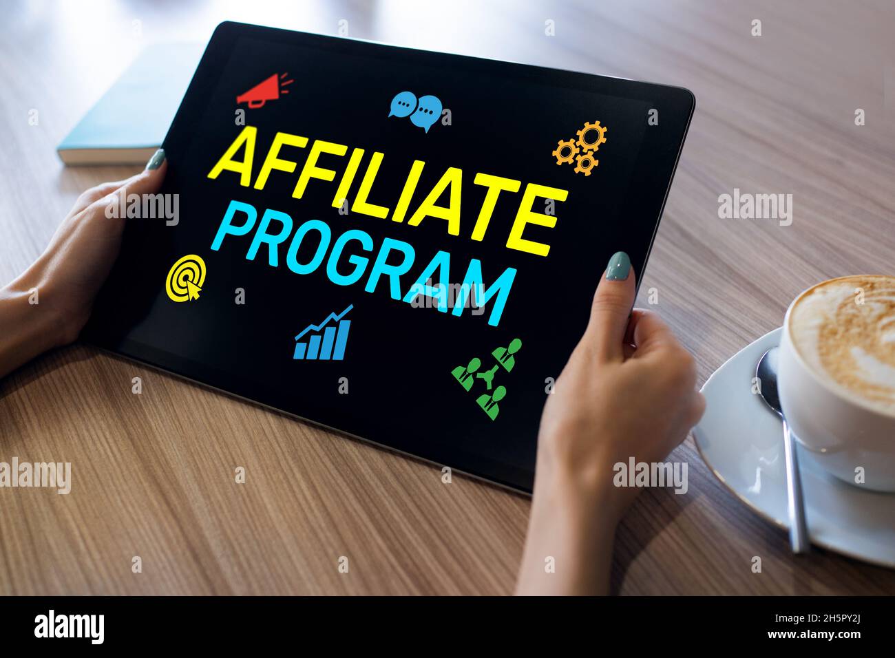 Affiliate program marketing and advertising business concept on screen ...