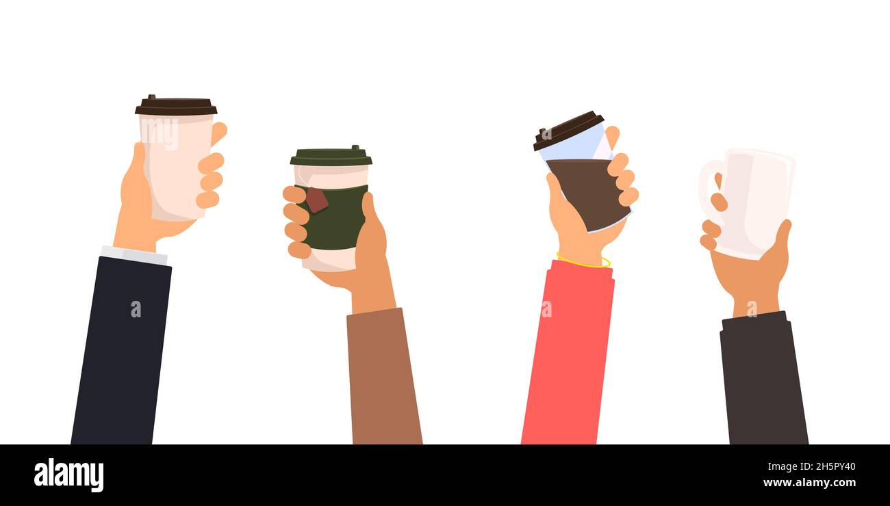 Many hands holding coffee and tea cups, group of people with take away ...