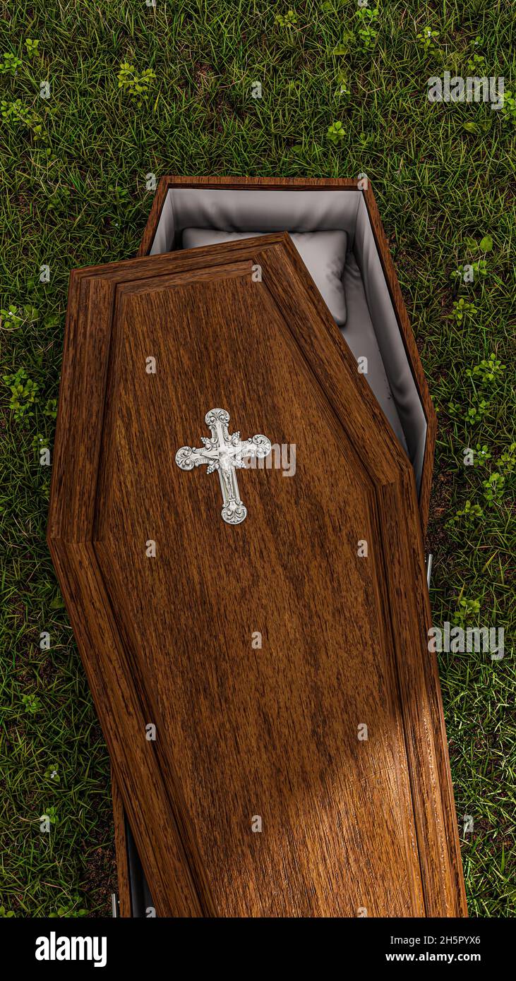 wooden coffin on green grass 3d illustration Stock Photo - Alamy