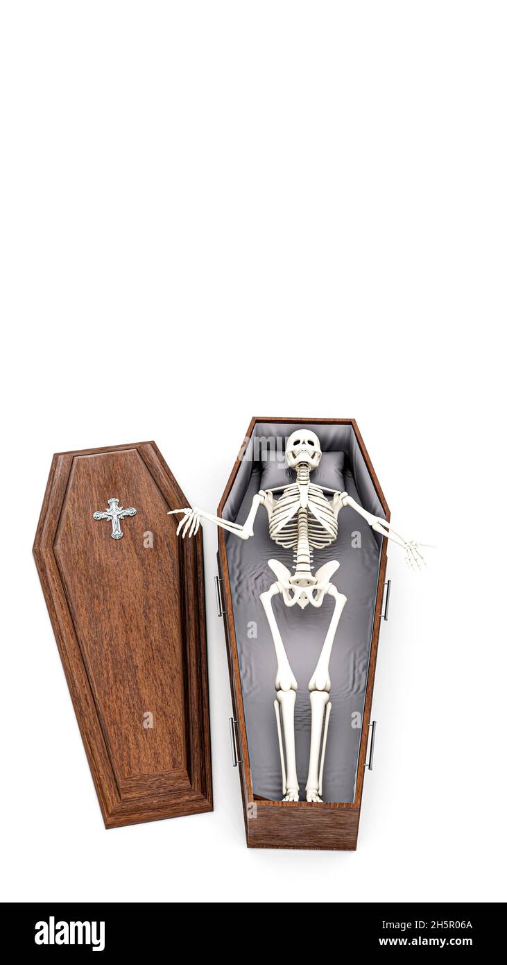wooden coffin with dead body isolated on white 3d illustration Stock ...