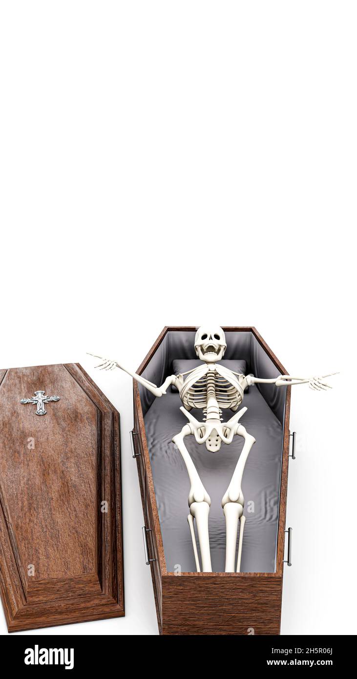 wooden coffin with dead body isolated on white 3d illustration Stock ...