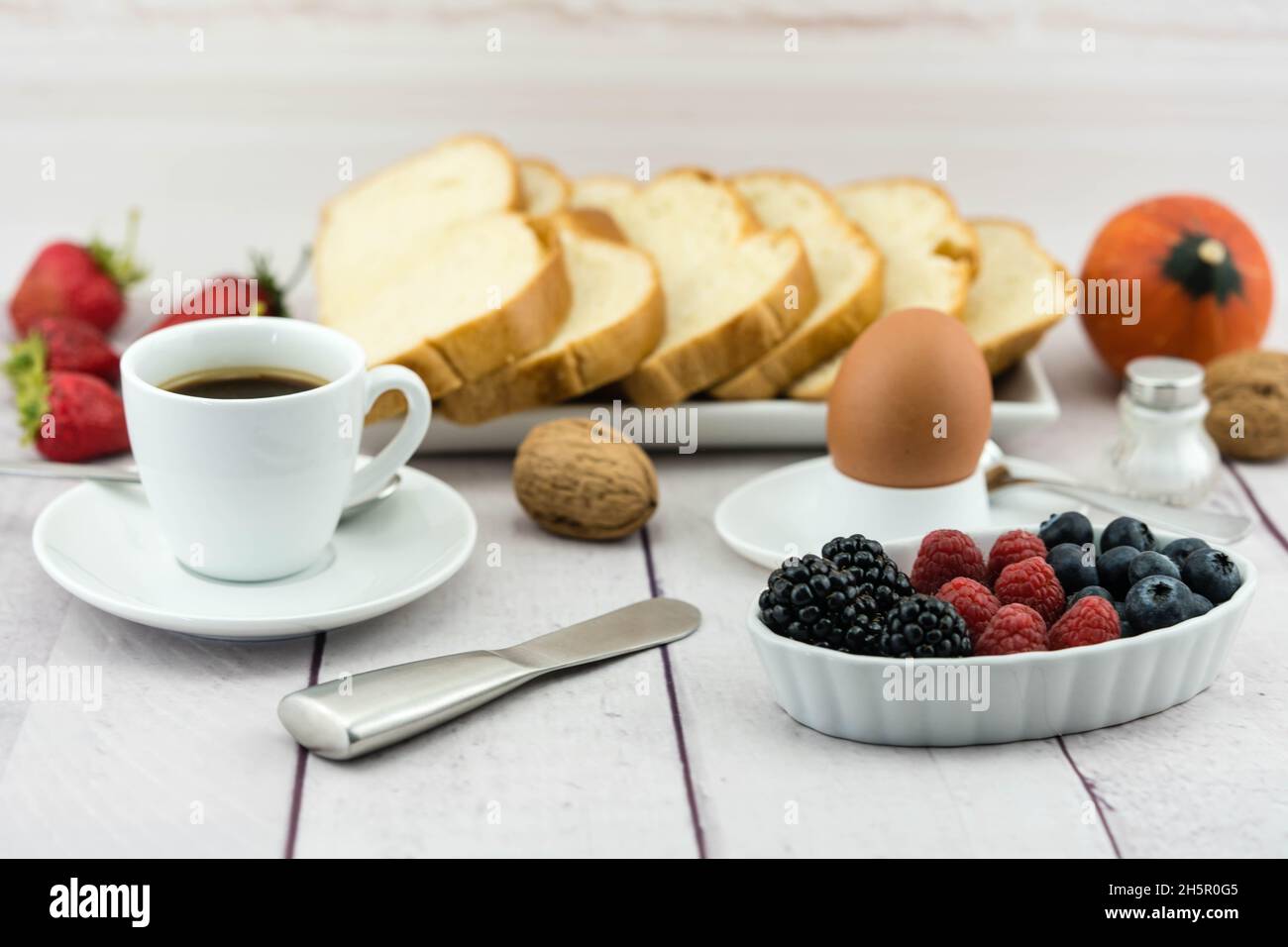 Breakfast with bread egg and coffee Stock Photo - Alamy