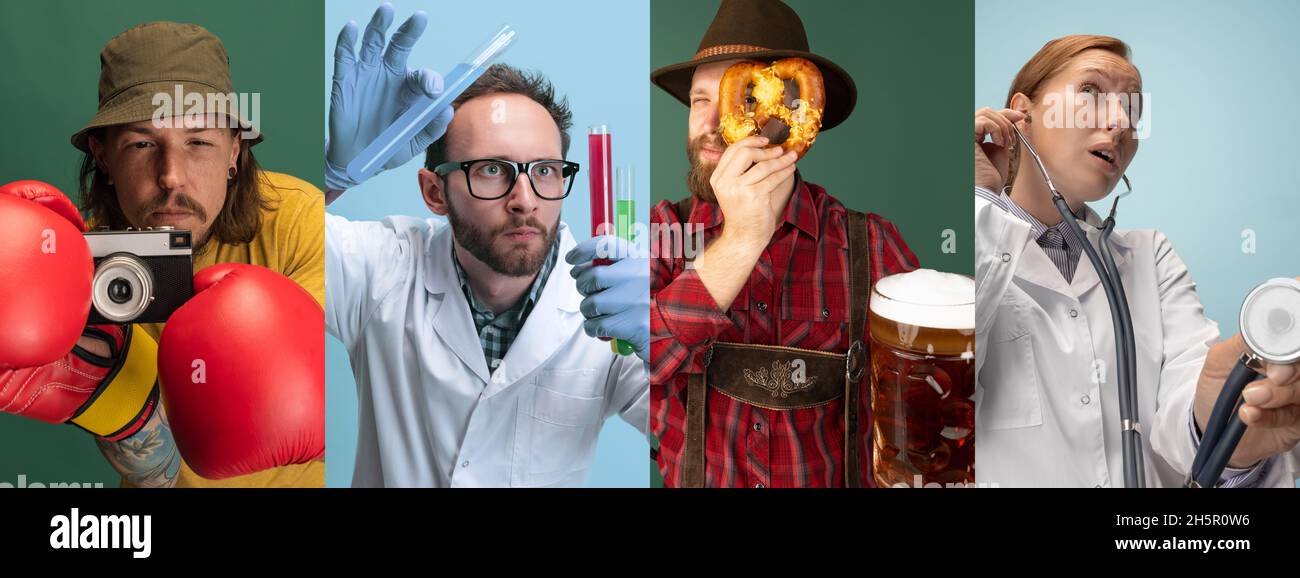 Collage made of images of chemist, waiter, doctor and cameraman ...