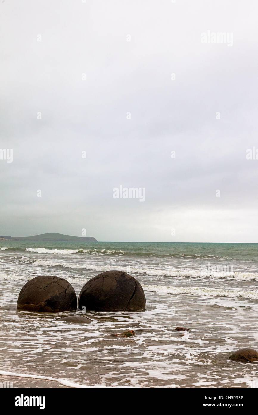 The huge round boulders of Moeraki. Pacific coast. New Zealand Stock ...