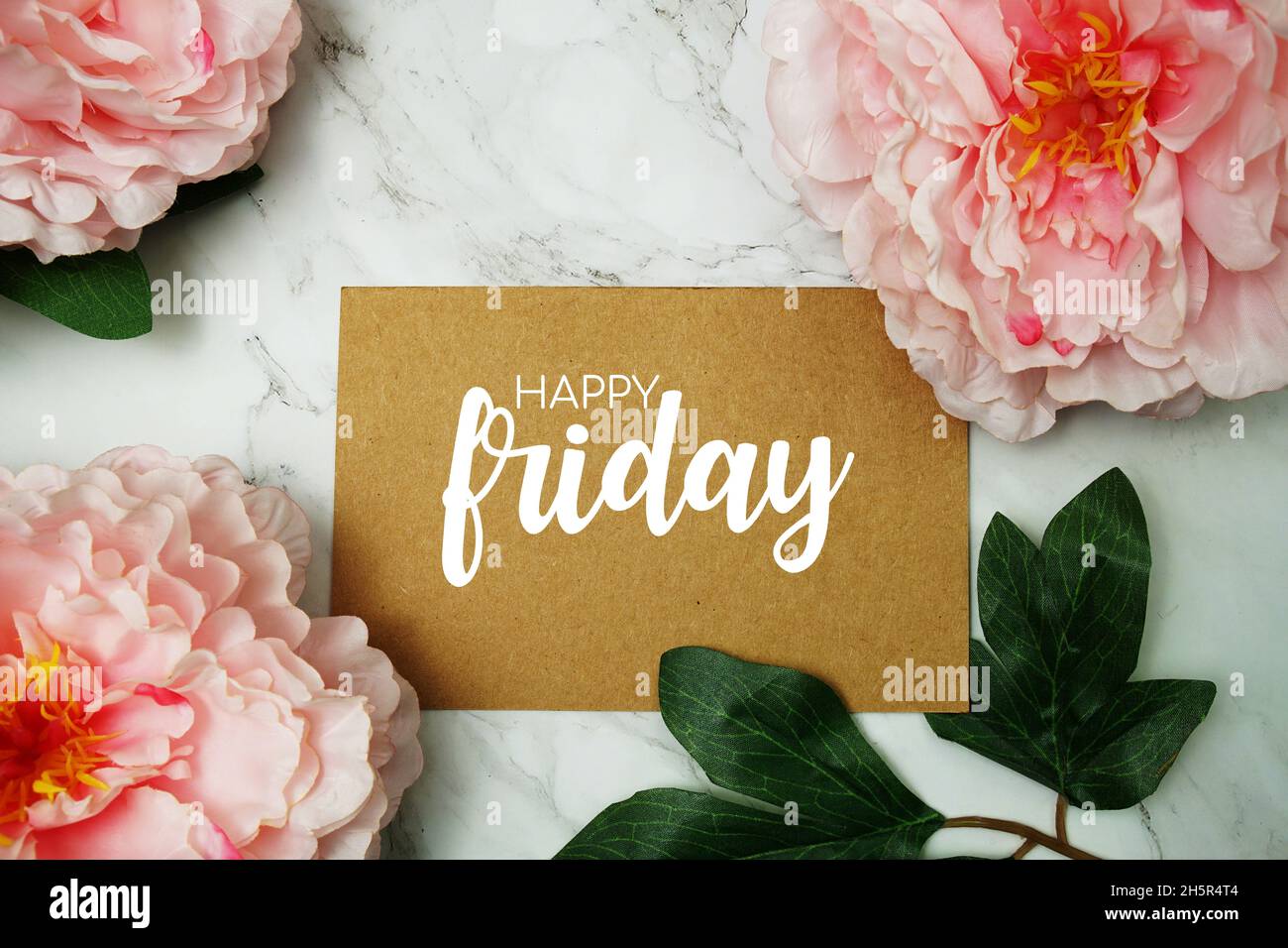 Happy Friday typography text with peony flowers on marble background ...