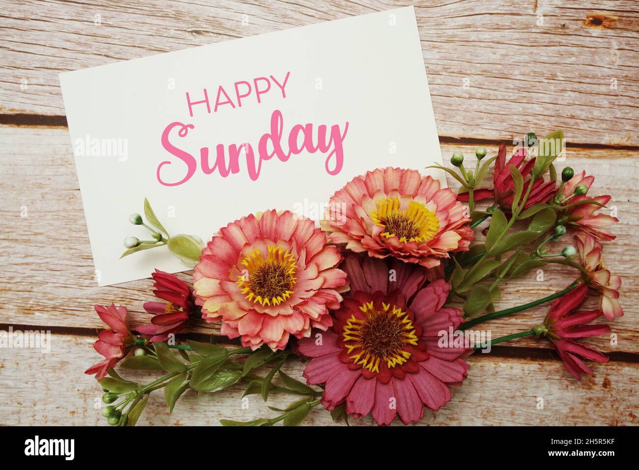 Happy Sunday card typography text with flower bouquet on wooden ...