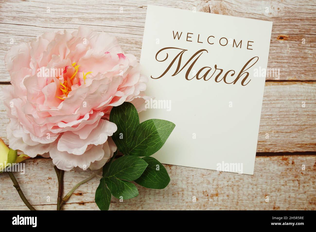 Welcome March card typography text with flower bouquet on wooden ...