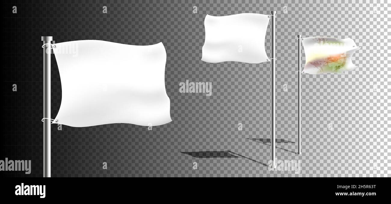 Flag realistic set with metal flagpole wavy 3d shape isolated ...
