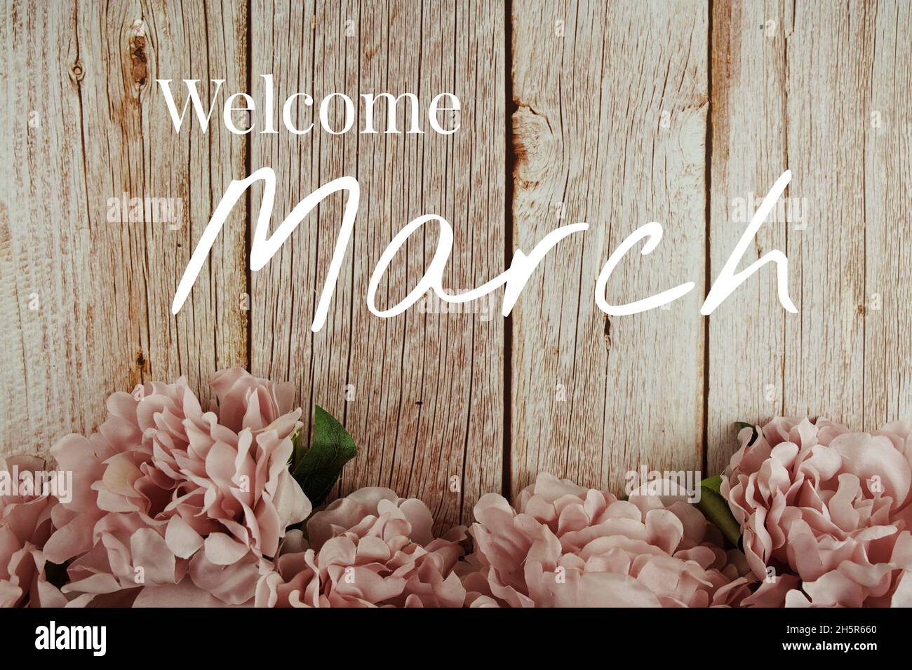Welcome March typography text with pink flowers bouquet on wooden ...