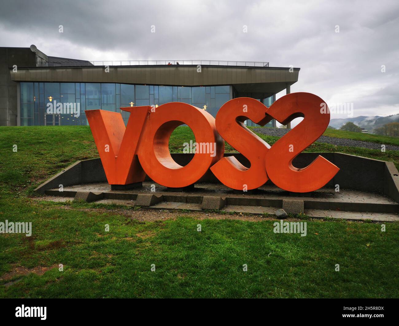 VOSS, NORWAY - Oct 09, 2021: The Voss town name welcoming statue on a ...
