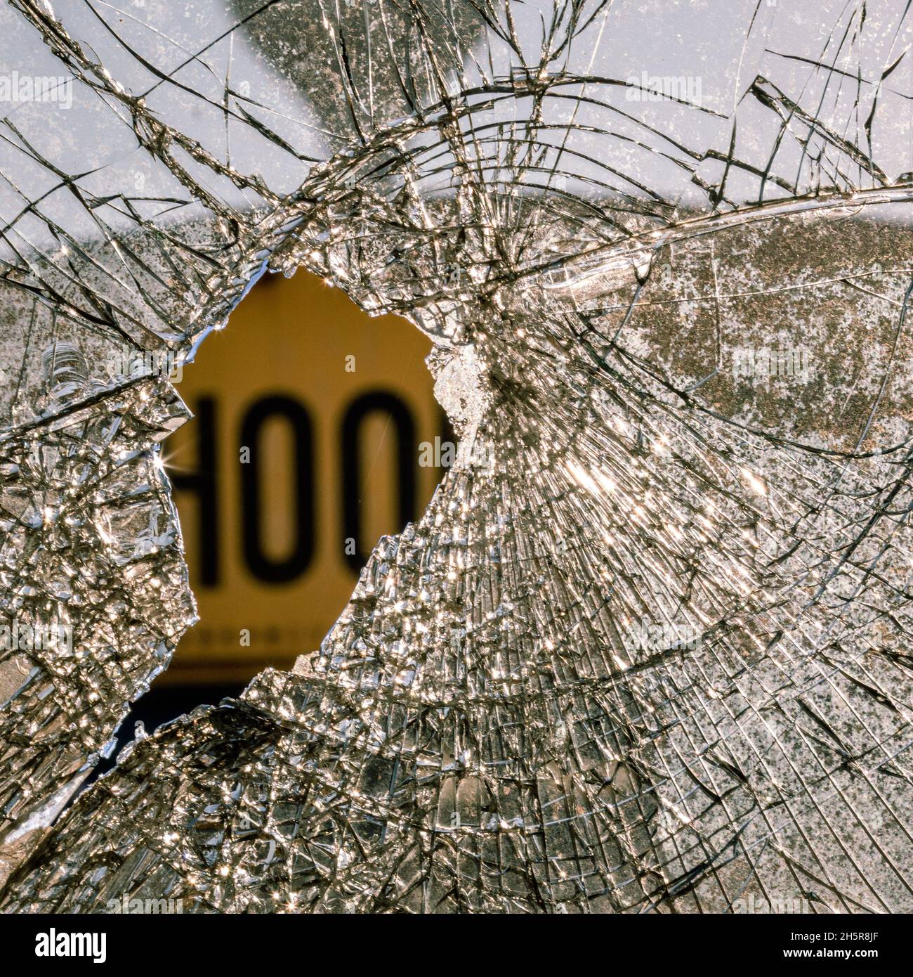 School bus through a broken glass Stock Photo - Alamy