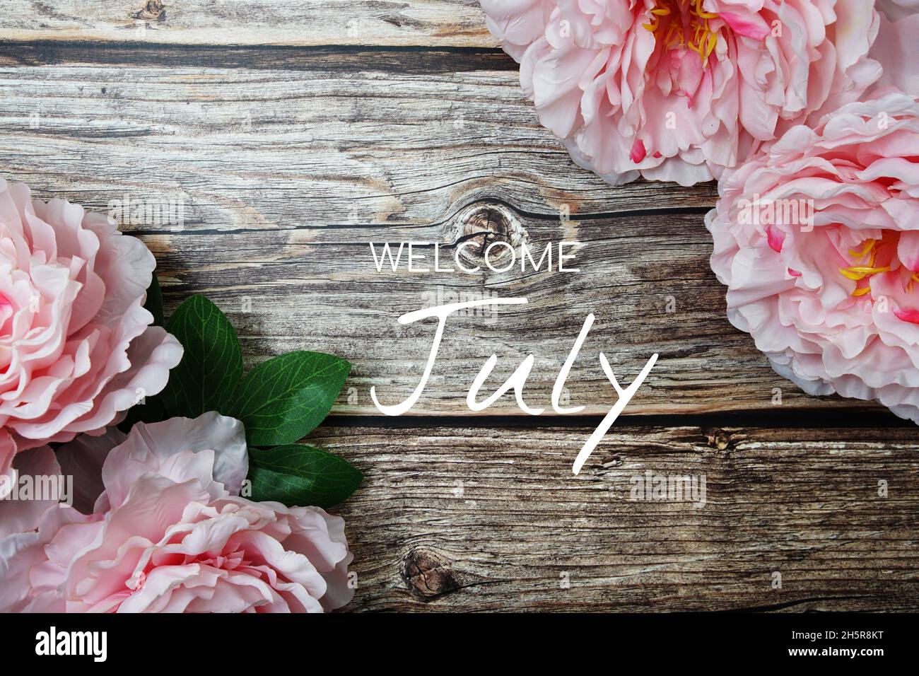 Welcome July typography text with peony flowers on wooden background ...