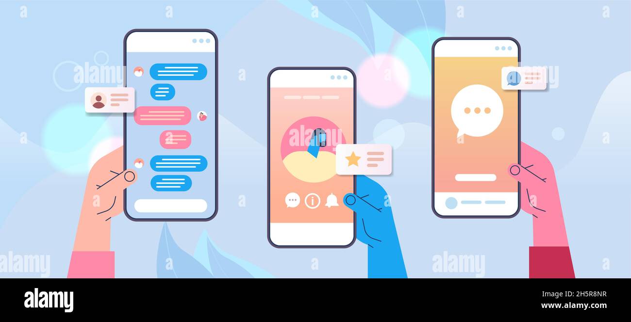 hands using mobile chatting apps on smartphone screens online ...