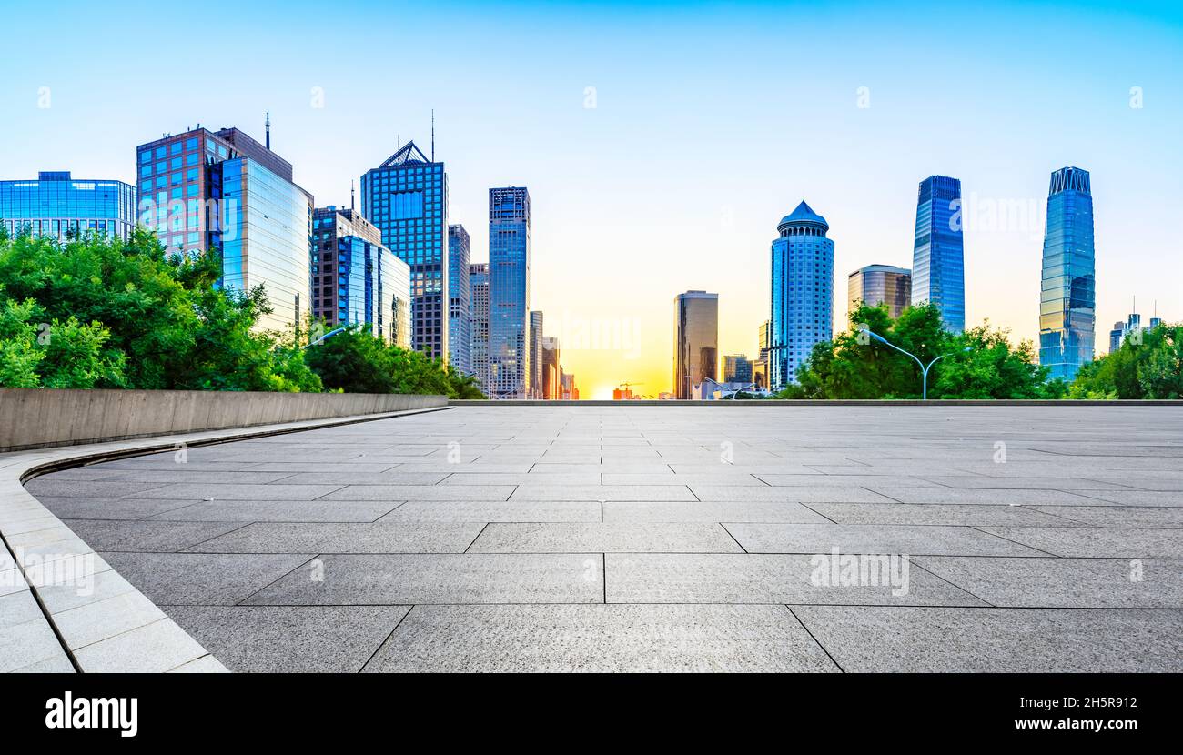 Empty square floor and modern commercial building landscape in Beijing ...