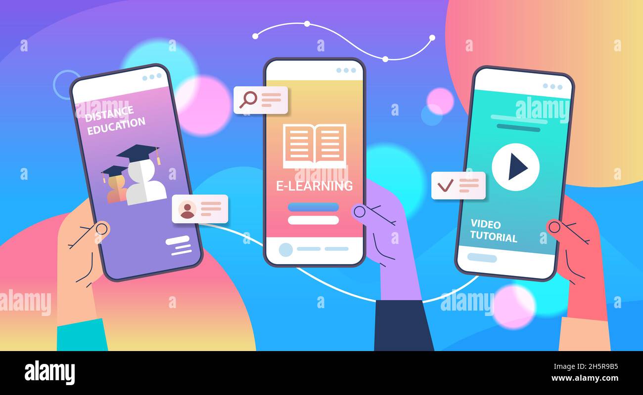 human hands using mobile educational apps on smartphone screens online ...